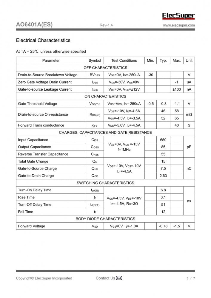 AO6401A(ES) datasheet page 3