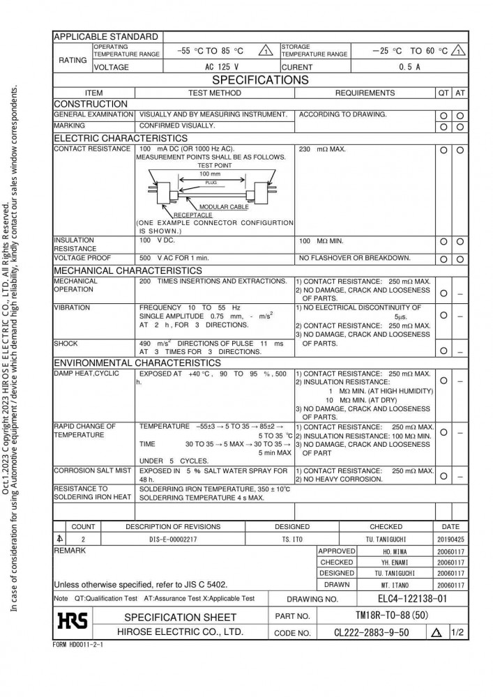 HRS TM18R-T0-88 (50) specification sheet page 1
