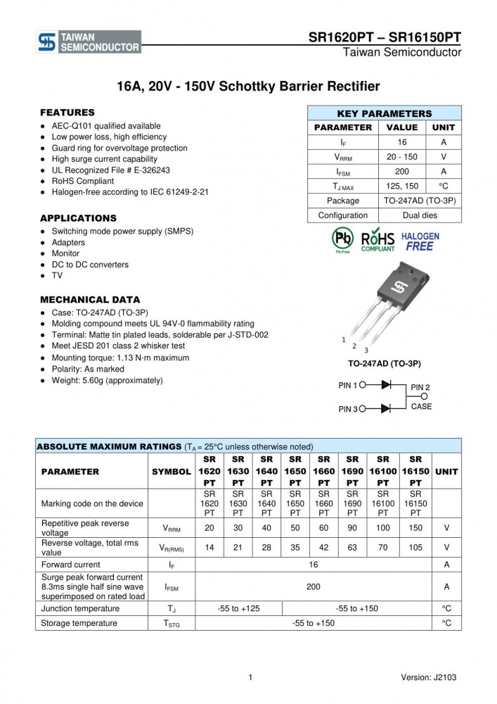 SR1660PT datasheet page 1