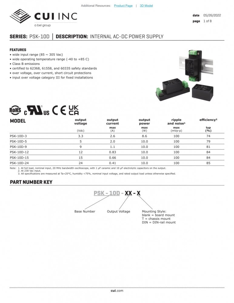CUI PSK-10D series datasheet page 1