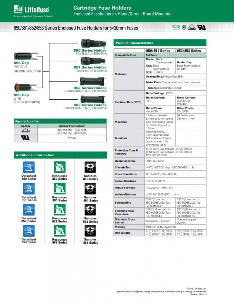 Littelfuse 850 to 853 series fuse holder technical document page 1