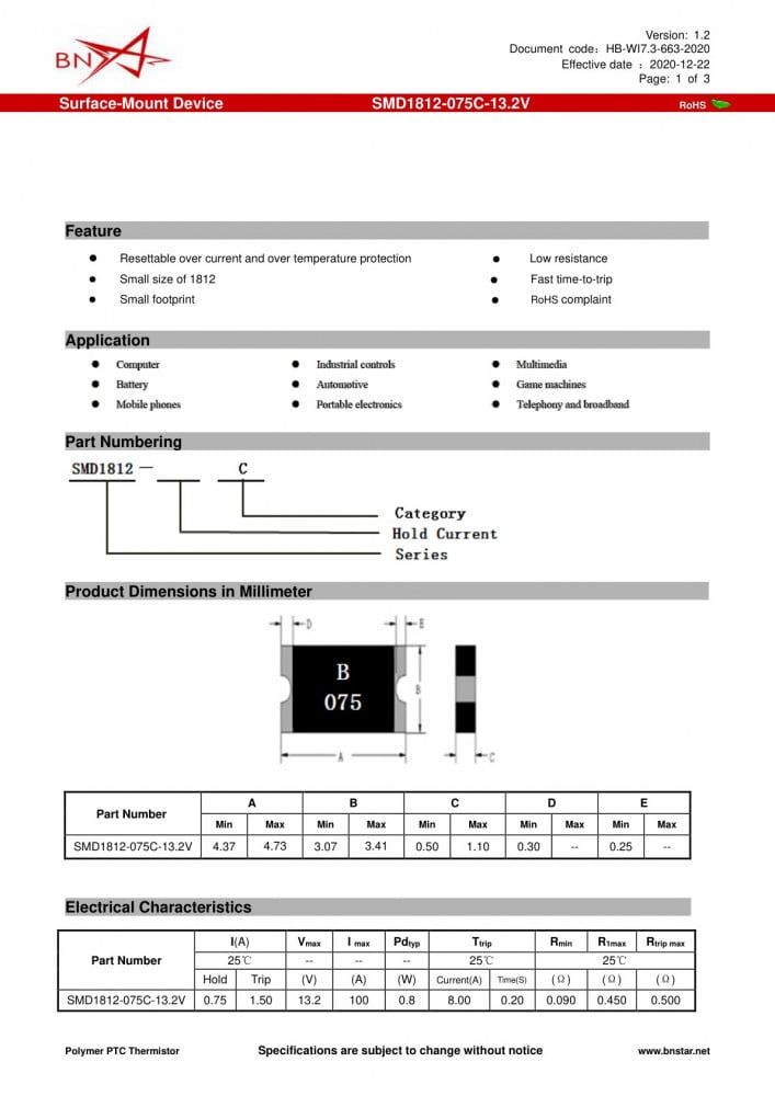 BNstar SMD1812-075C-13.2V datasheet page 1