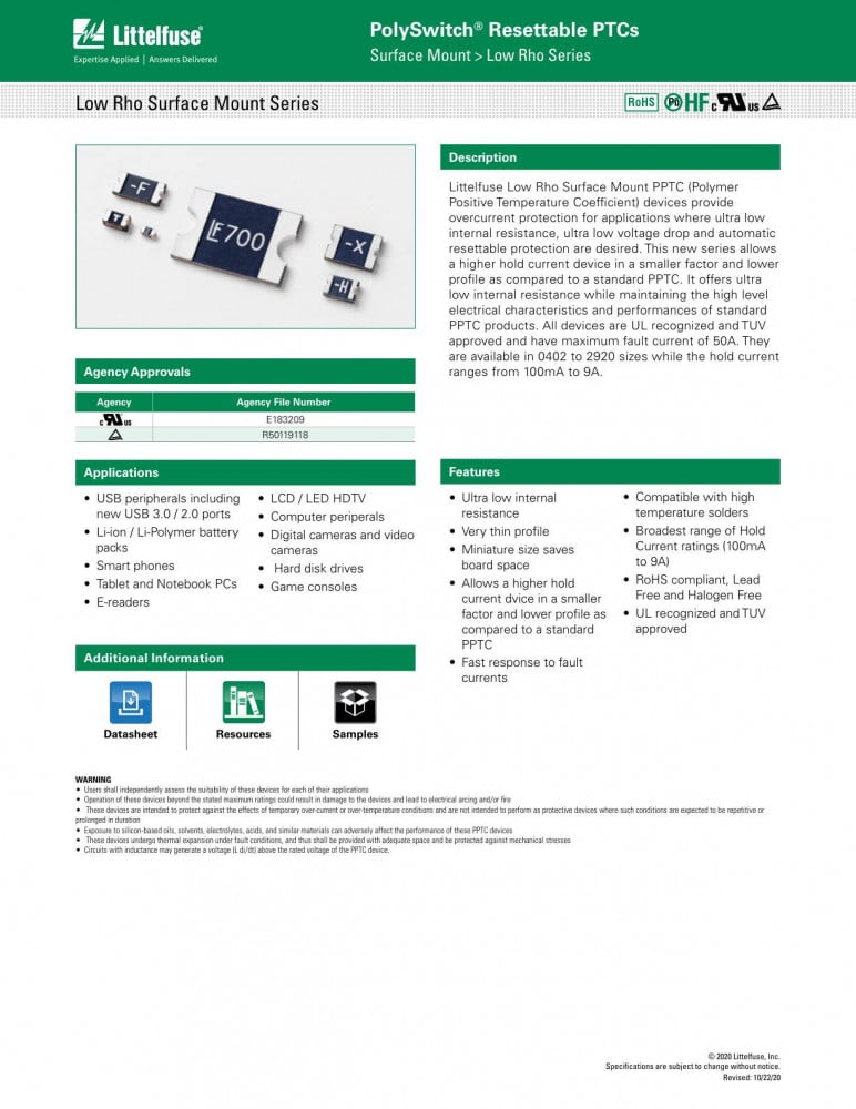 Littelfuse Low Rho PPTC datasheet page 1