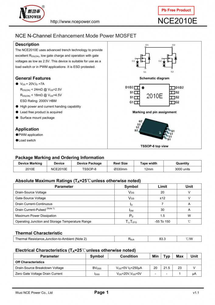 NCE2010E datasheet page 1