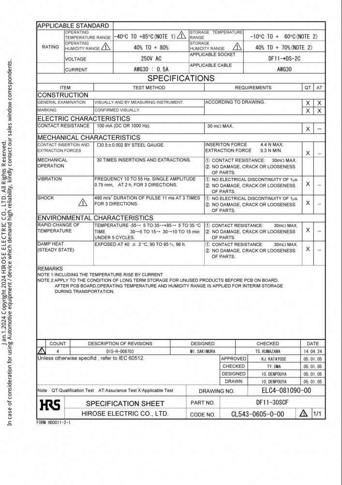 HRS DF11-30SCF specification sheet preview
