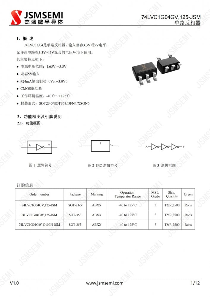 74LVC1G04GW-Q100H-JSM datasheet page 1