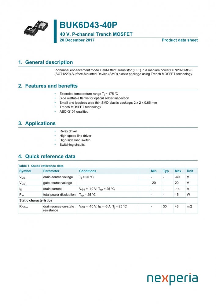 BUK6D43-40PX datasheet page 1