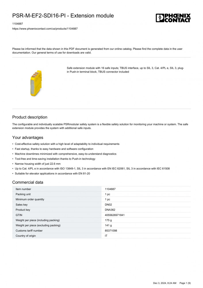 Phoenix Contact 1104887 technical document page 1
