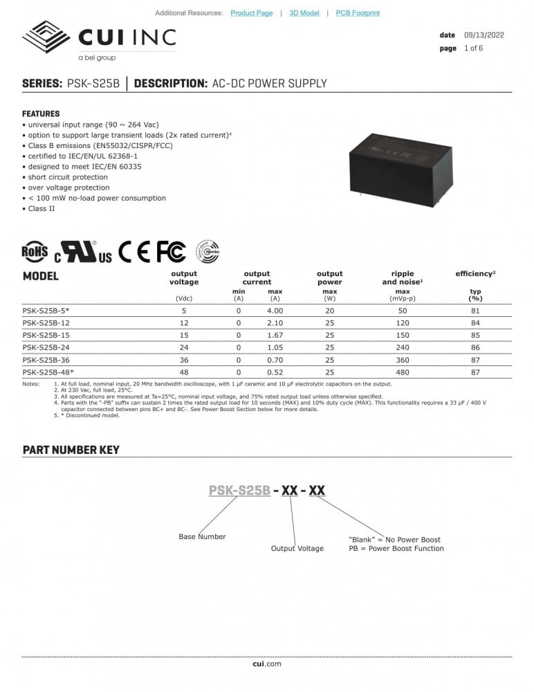 CUI PSK-S25B-15 datasheet page 1