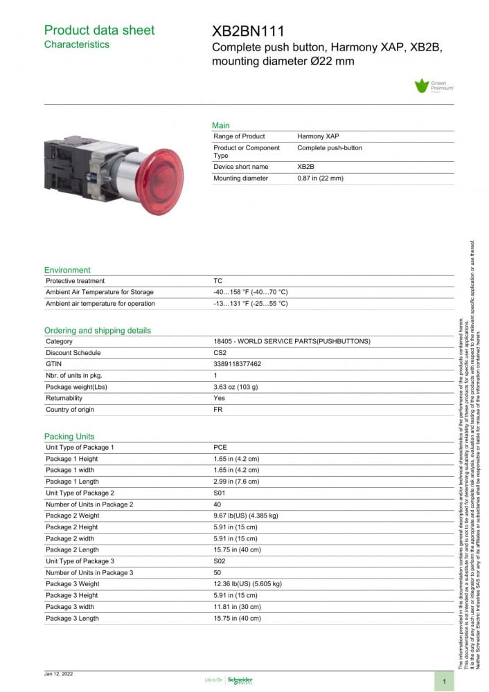 XB2BN111 technical document page 1