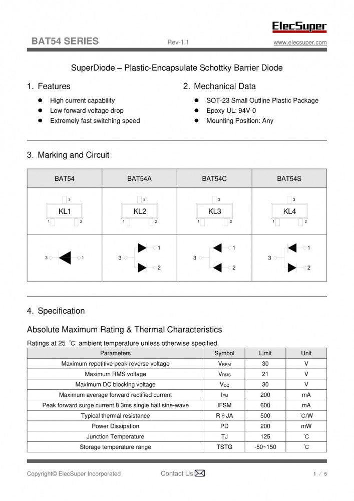 BAT54A datasheet page 1