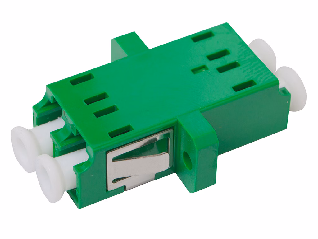 LC/UPC One Body Adapter, Quad, Multimode, Aqua Body, Ceramic Alignment Sleeve, Small Flange, Snap Mount, Plastic Clip