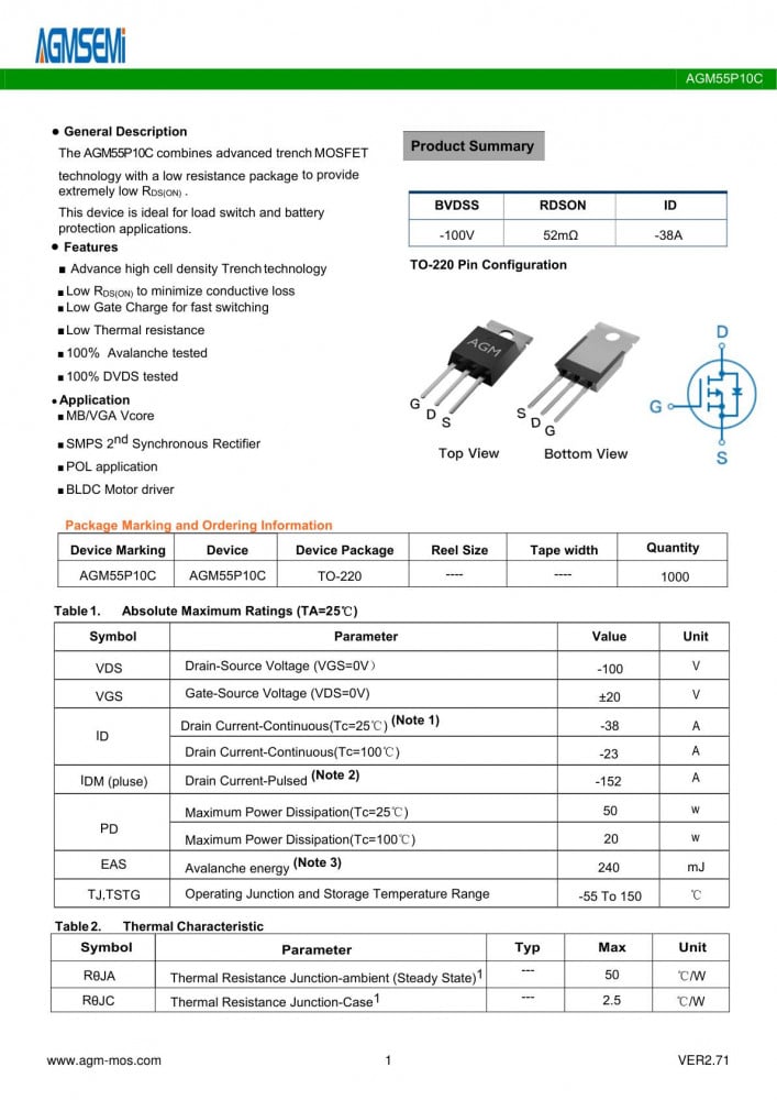 AGM55P10C datasheet page 1