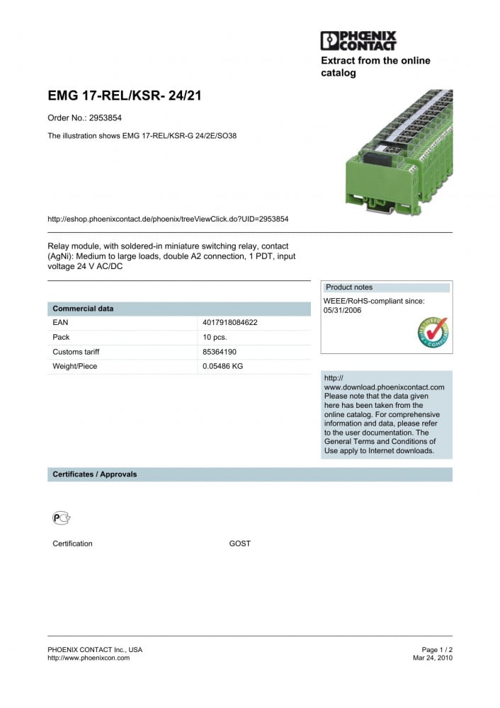 Phoenix Contact 2953854 technical document page 1