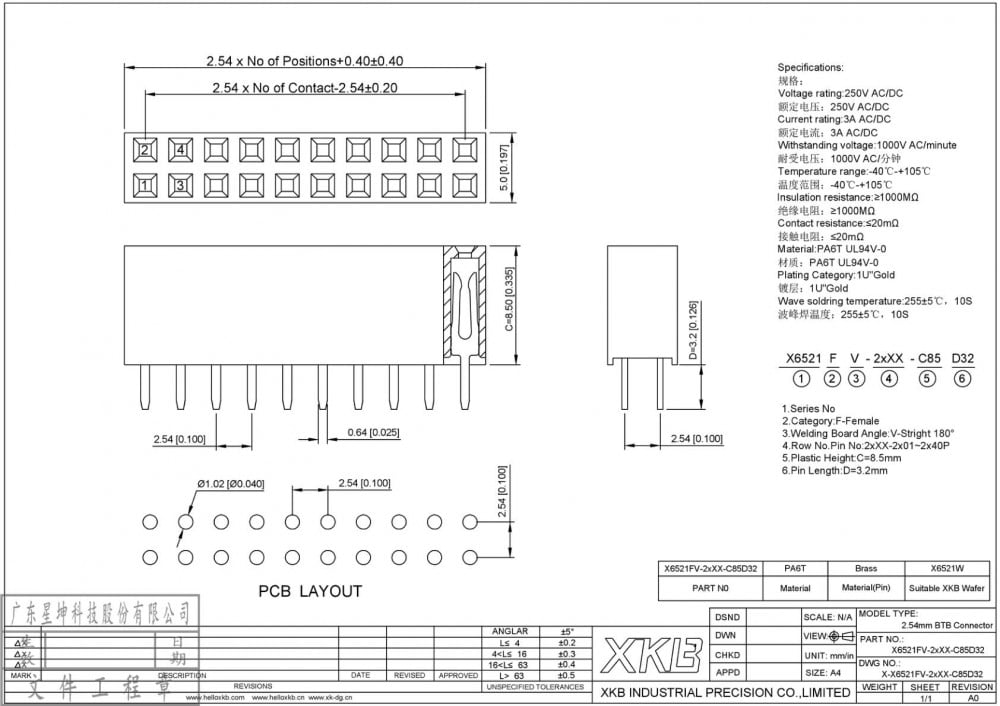 X6521FV-2x40-C85D32 technical drawing and specifications