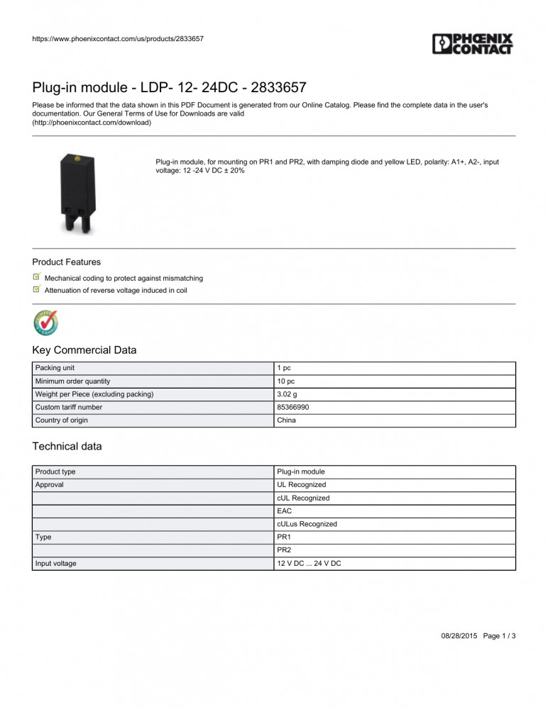 Phoenix Contact 2833657 product documentation page 1