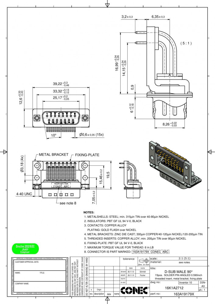 Conec 163A19179X mechanical drawing: 15-position right-angle male D-Sub with threaded inserts, metal bracket and fixing plate