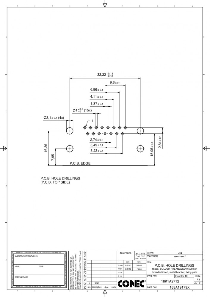 Conec 163A19179X PCB top-side hole drilling drawing