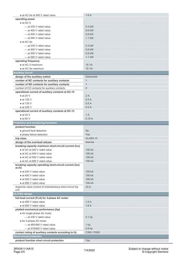 3RV24111AA15 datasheet page 2