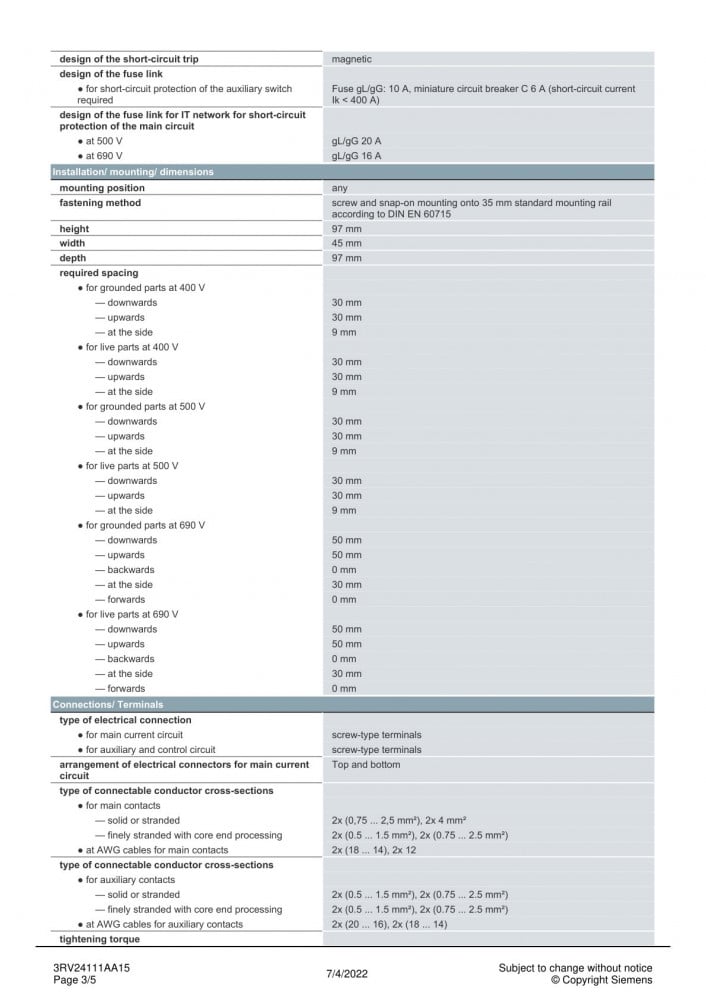 3RV24111AA15 datasheet page 3