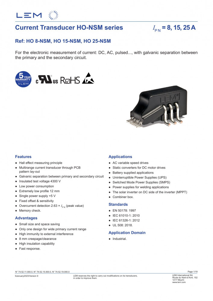 LEM HO-NSM datasheet page 1