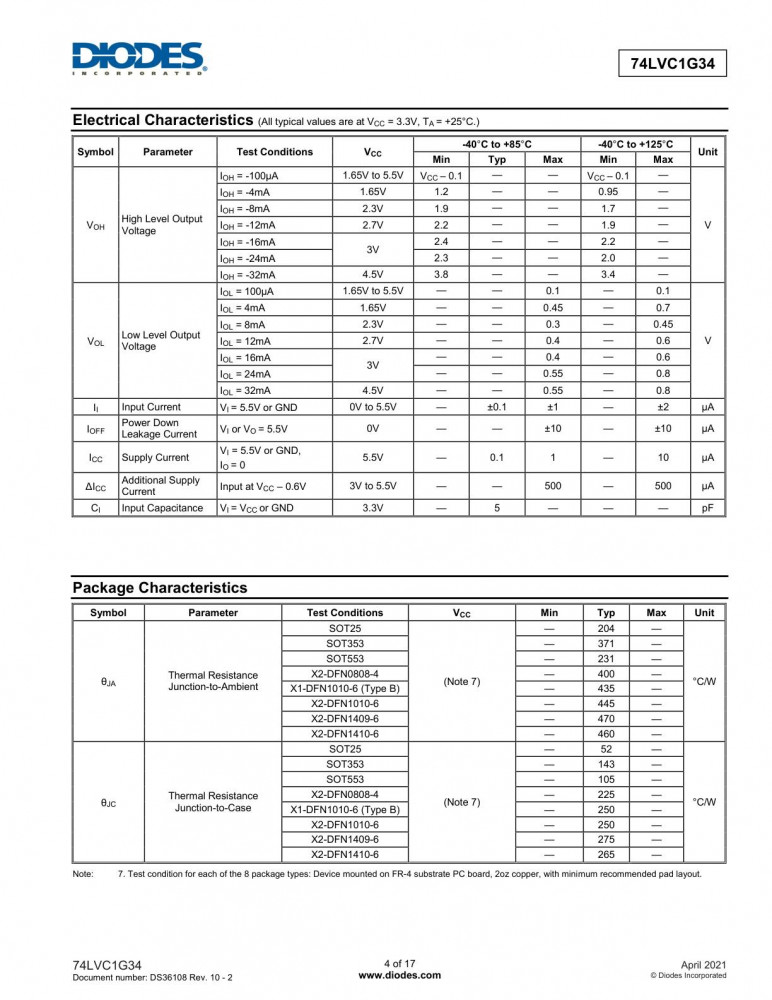 74LVC1G34W5-7 datasheet page 4