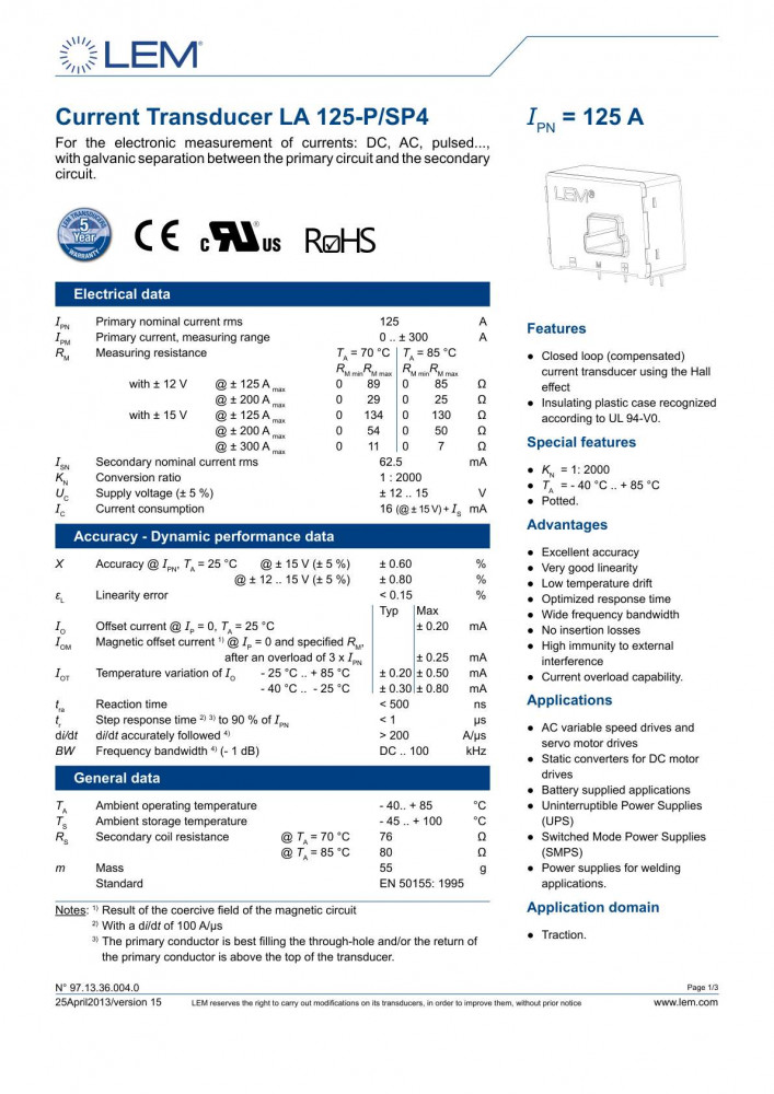 LA 125-P/SP4 datasheet page 1