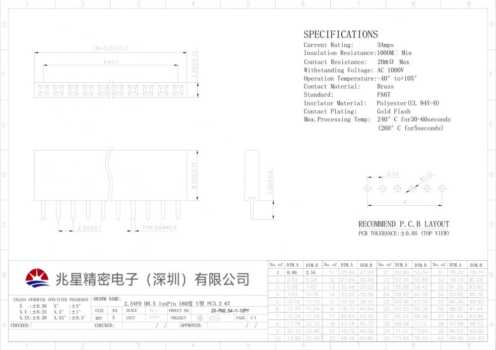 Megastar ZX-PM2.54-1-12PY technical drawing