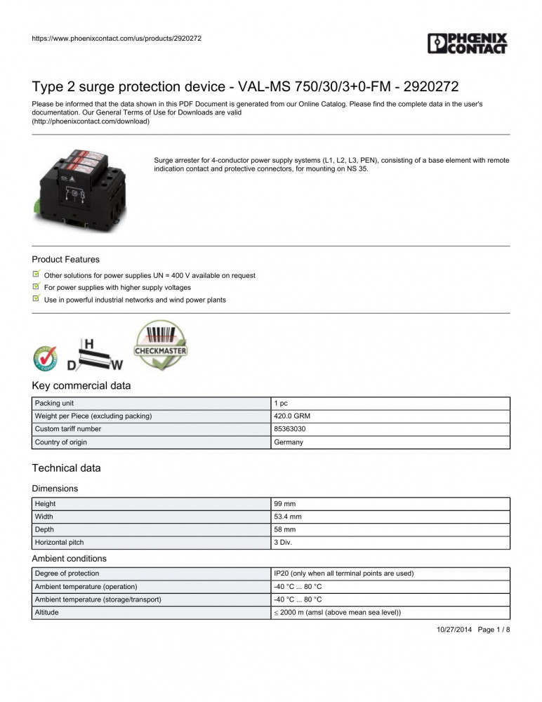 Phoenix Contact 2920272 technical document page 1