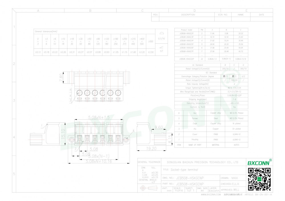 BXCONN JCB508-HSKGCxP product drawing and technical document page
