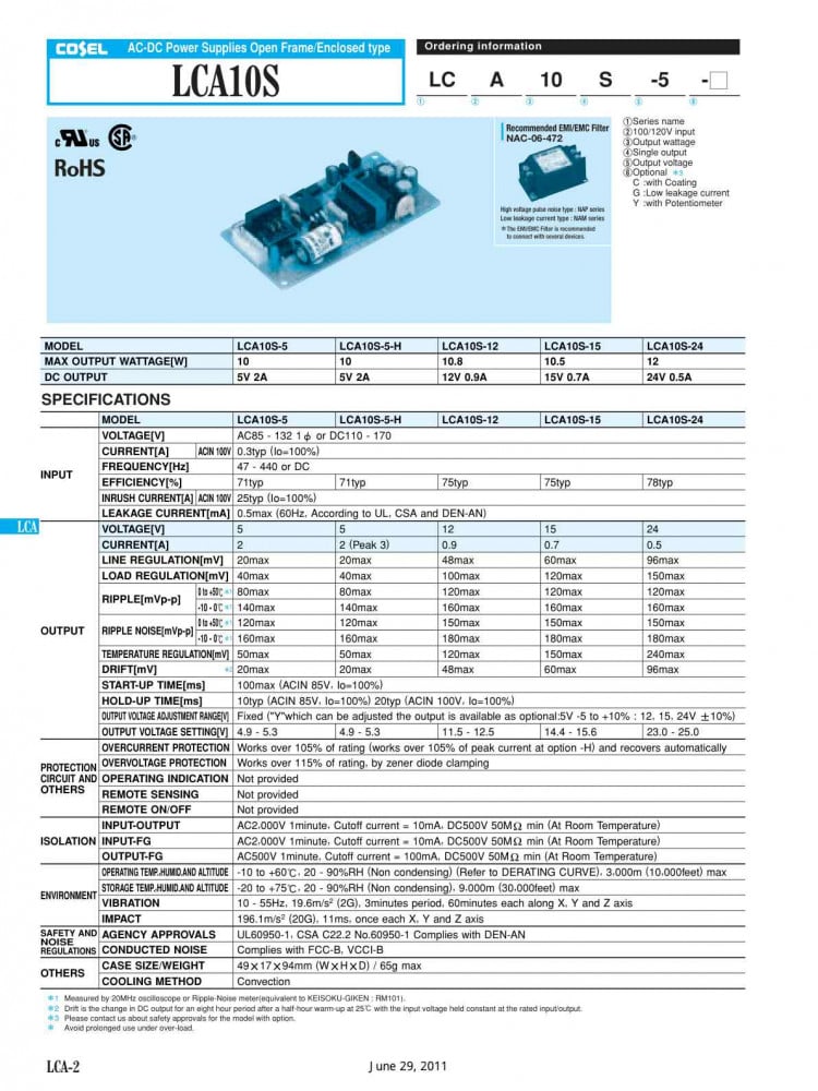 Cosel LCA series datasheet page 1