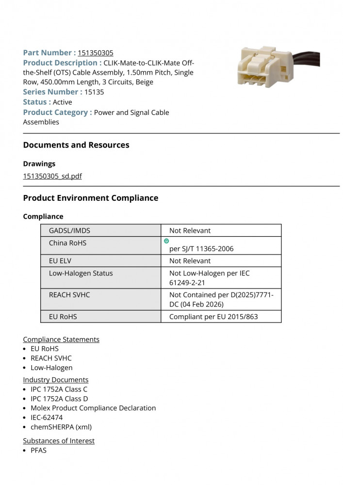 MOLEX 151350305 product drawing, page 1