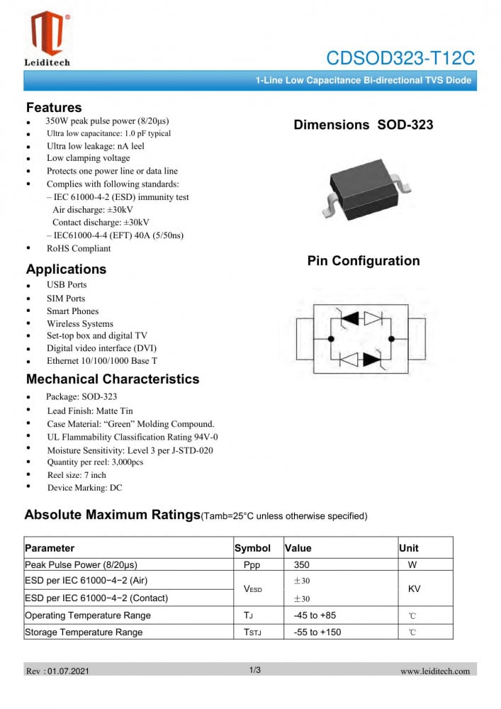 CDSOD323-T12C datasheet page 1