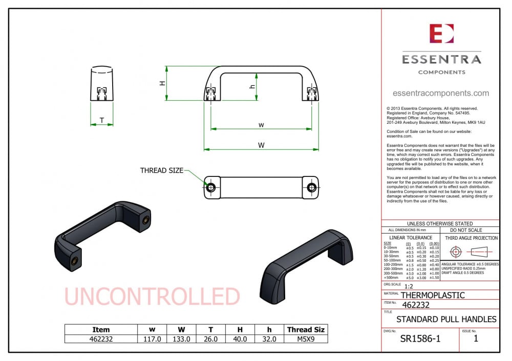 Essentra 462232 Standard Pull Handle technical drawing