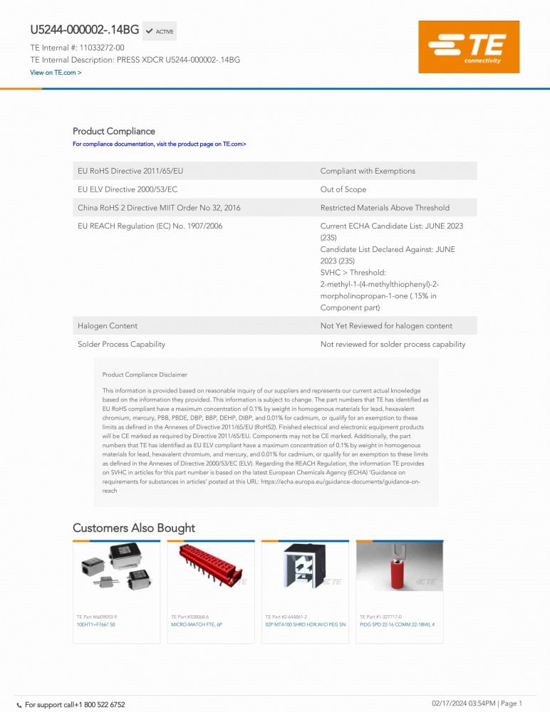 Technical document page 1 for U5244-000002-.14BG