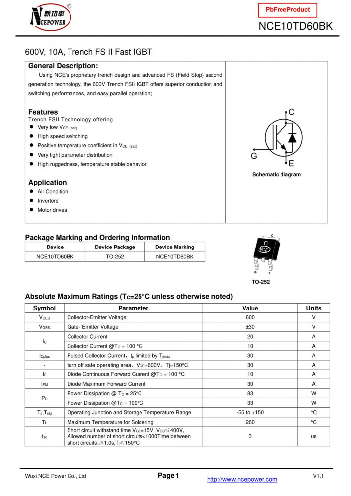 NCE10TD60BK datasheet page 1