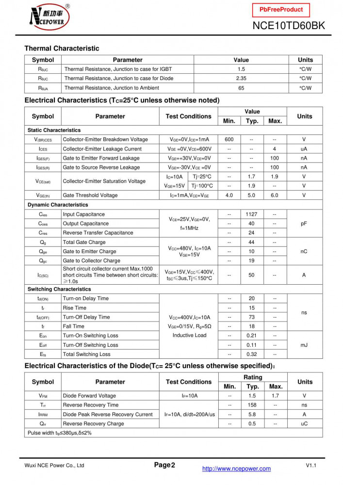 NCE10TD60BK datasheet page 2