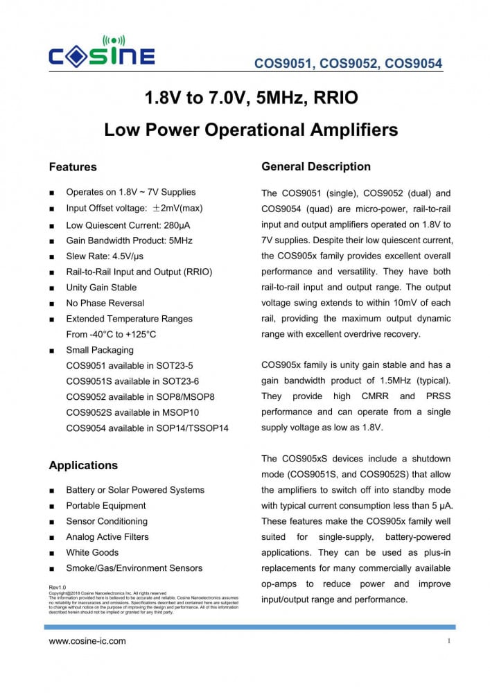 COS9052S datasheet page 1