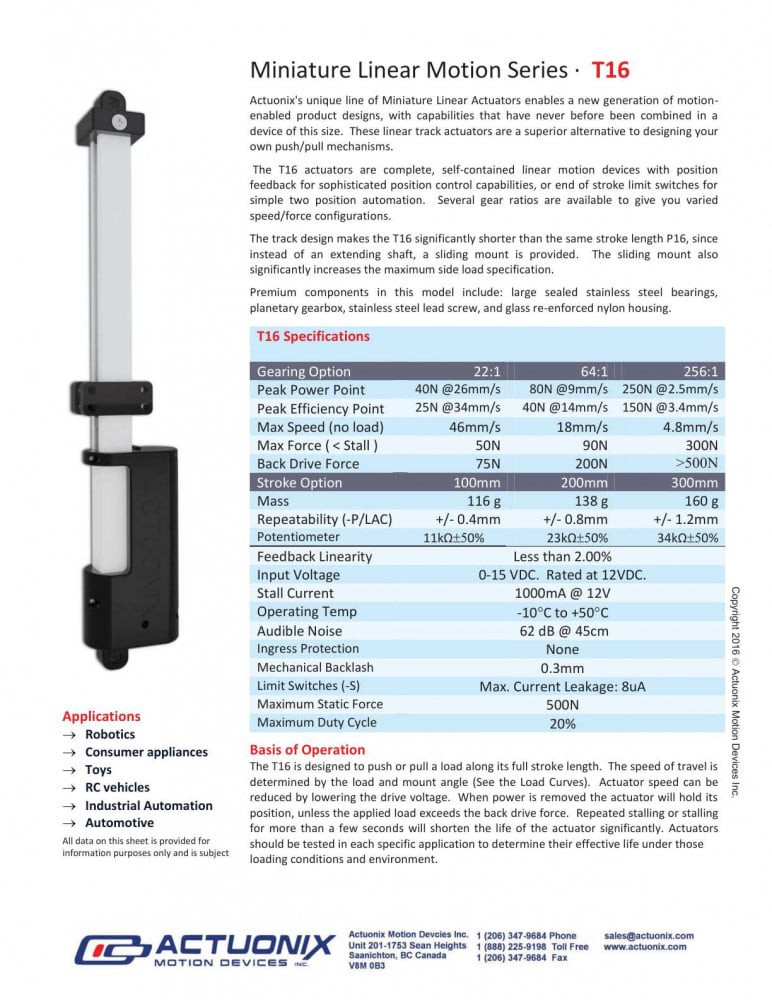 Actuonix T16 technical document, page 1