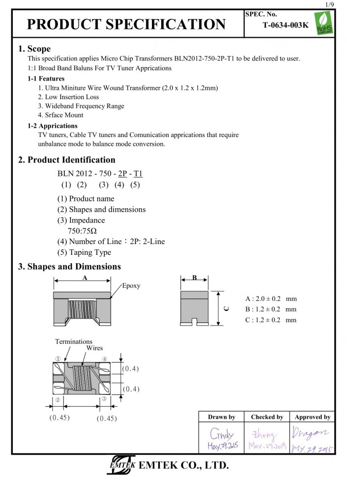 BLN2012-750-2P-T1 specification page 2