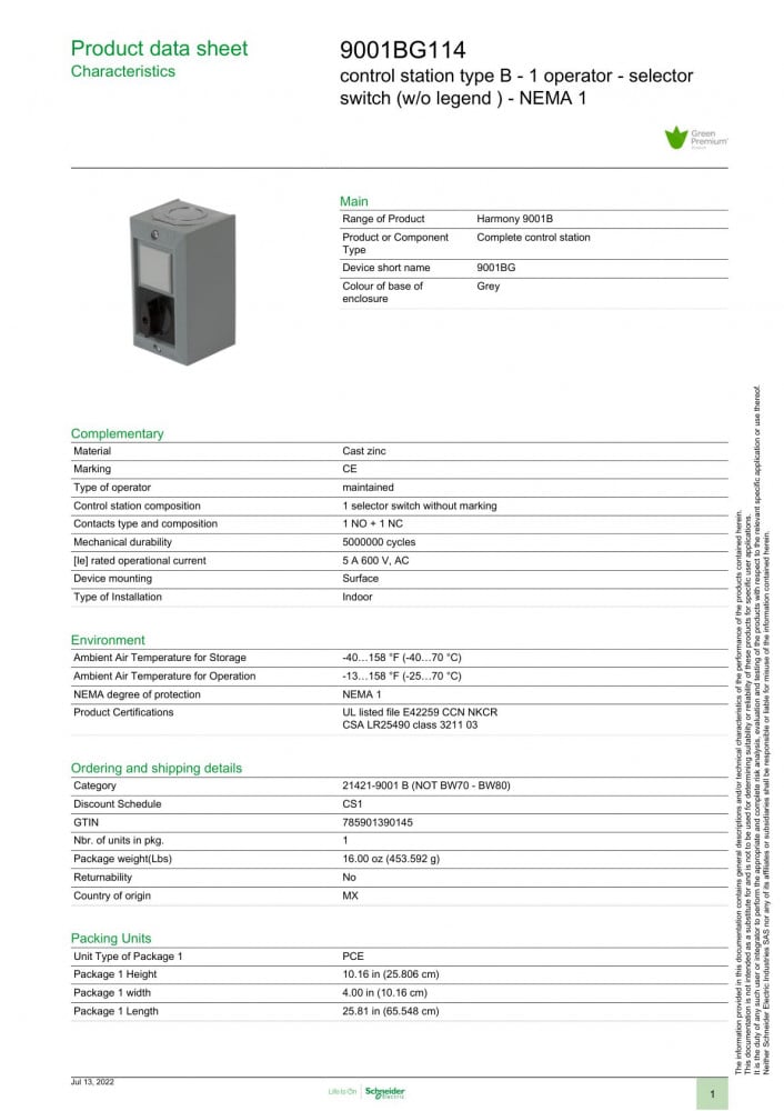 9001BG114 product documentation page 1