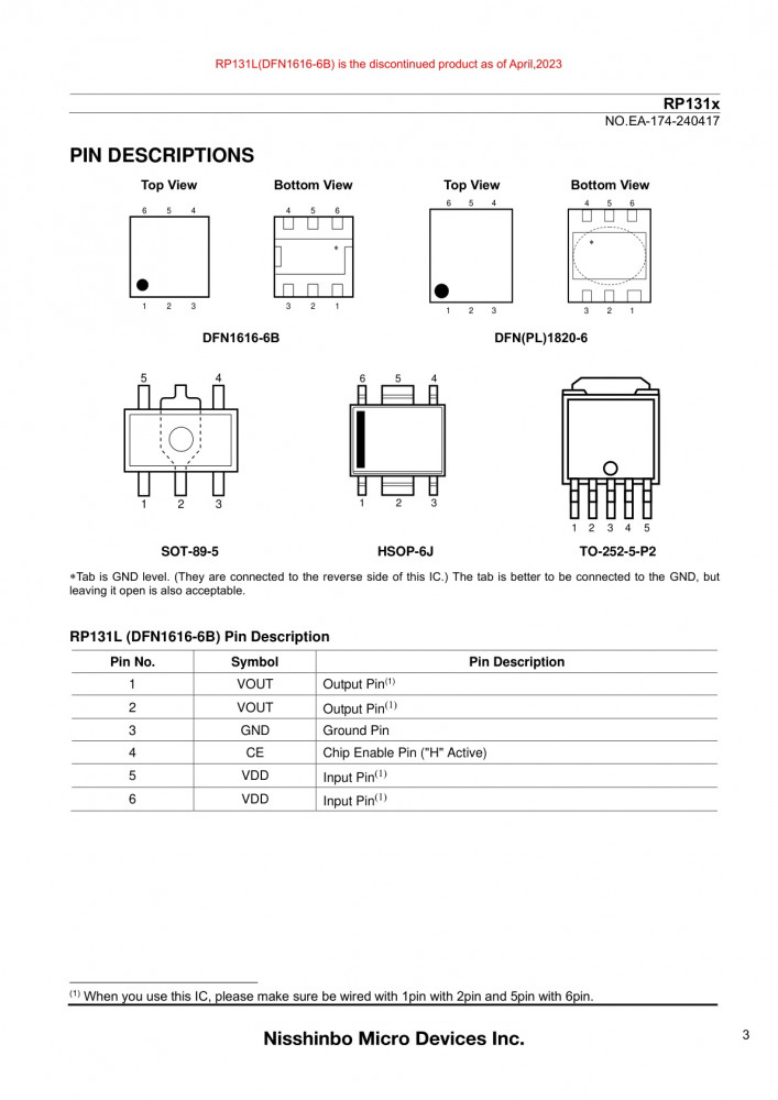 RP131x datasheet page 3