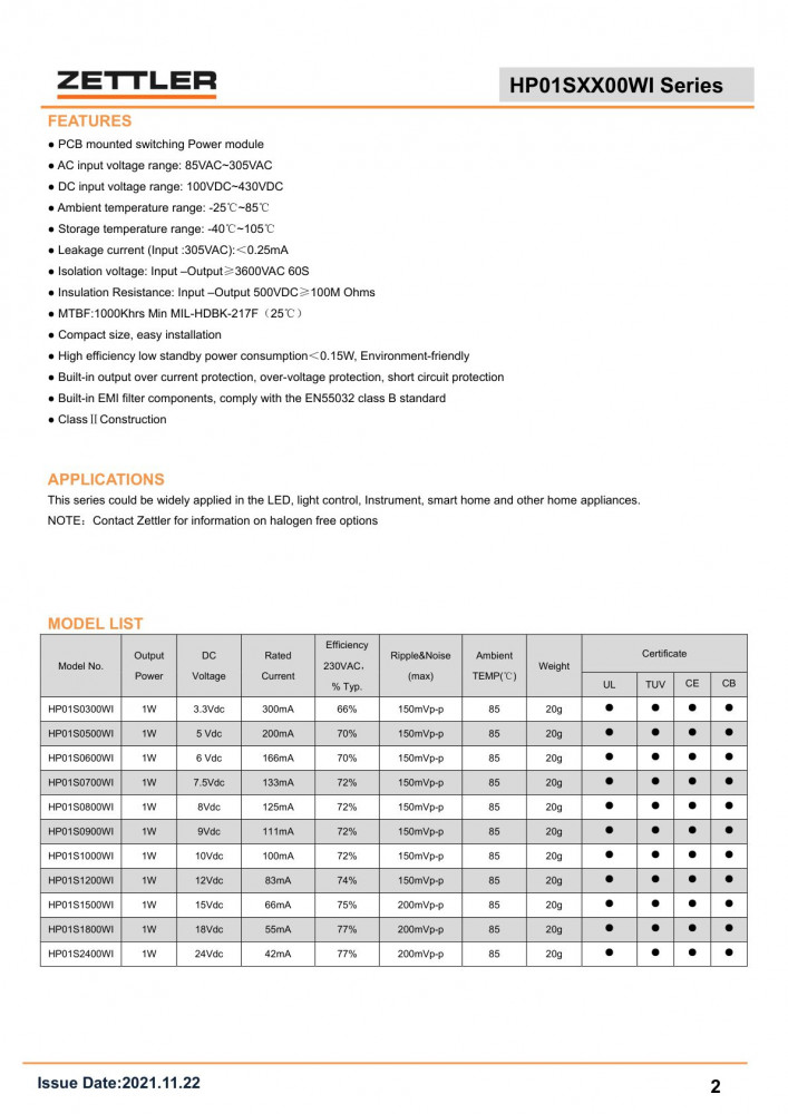 HP01S2400WI datasheet page 2