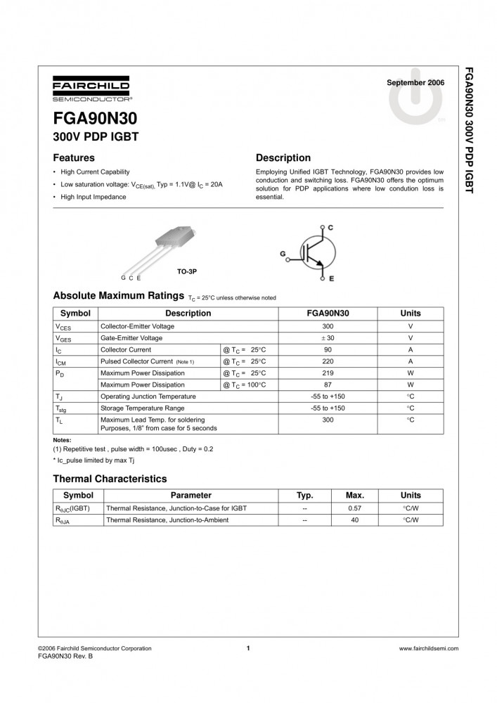 FGA90N30TU datasheet page 1
