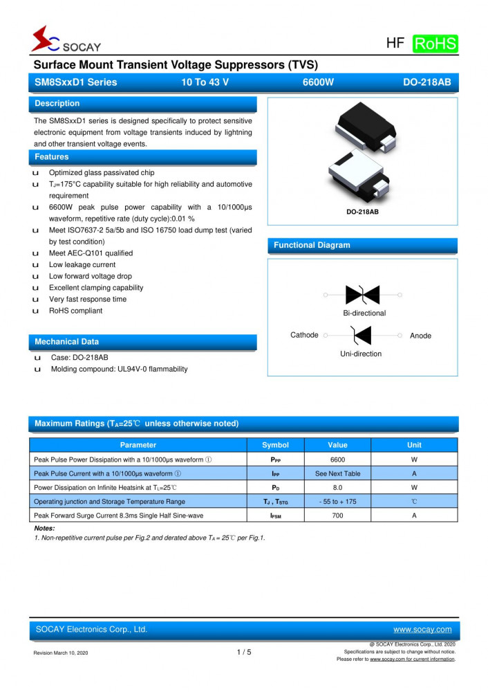SOCAY SM8SxxD1 datasheet page 1