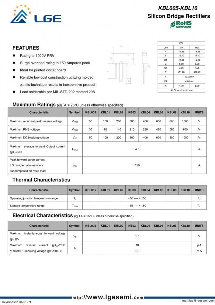 LGE KBL06 datasheet page 1