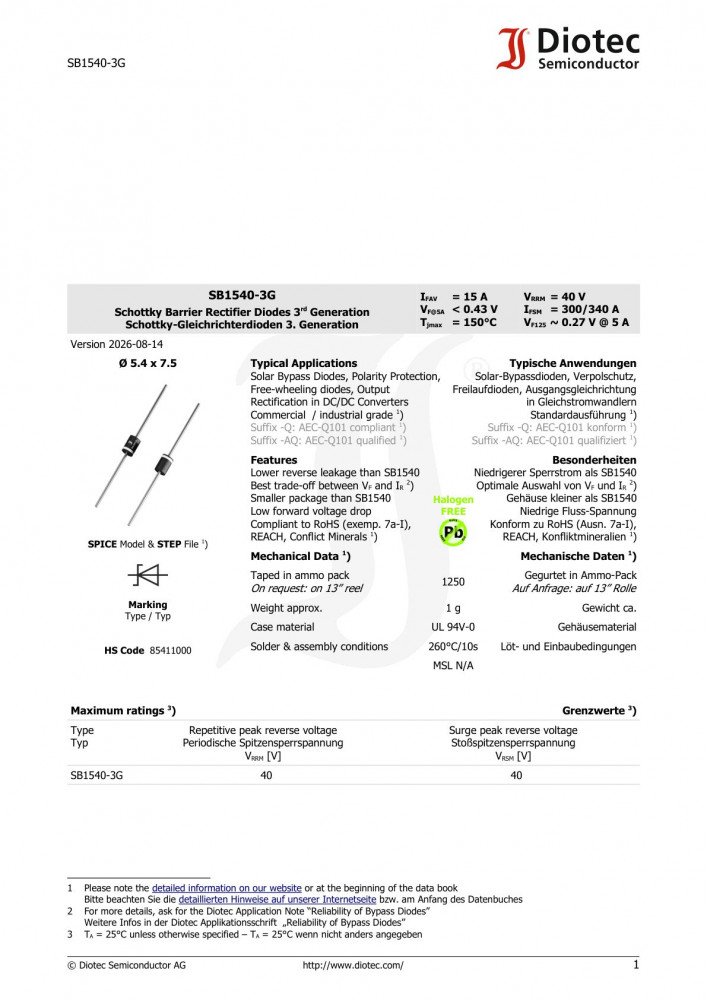 SB1540-3G datasheet page 1