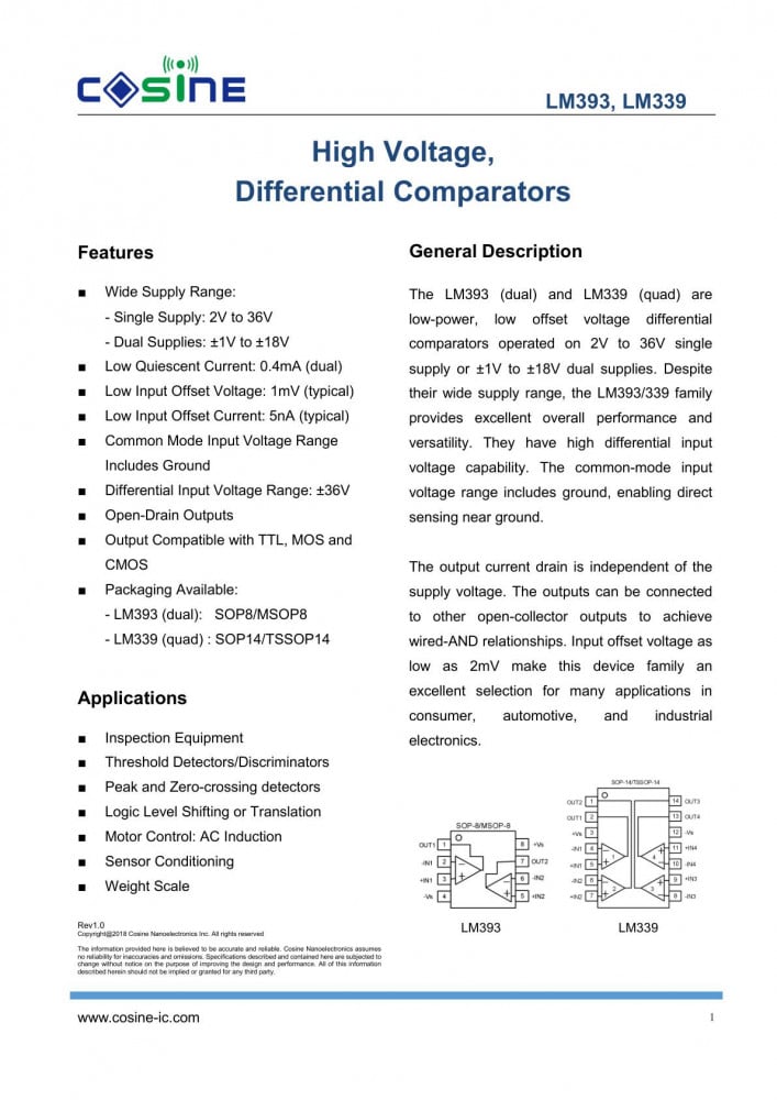 COSINE LM393SR datasheet page 1