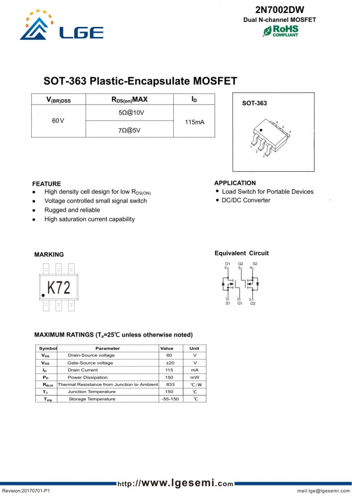 2N7002DW datasheet page 1