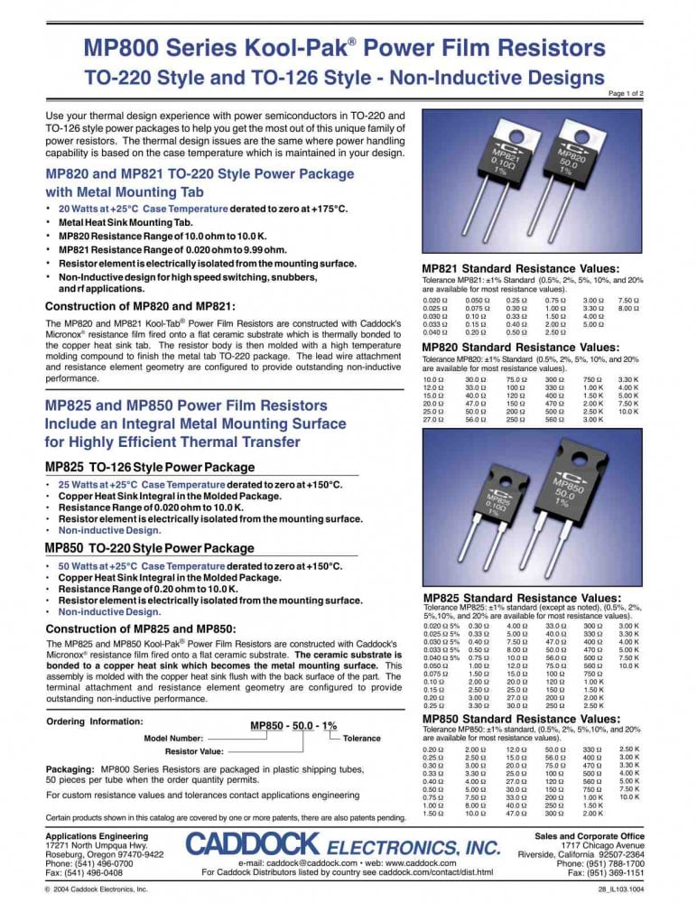 Caddock MP800 Series datasheet page 1
